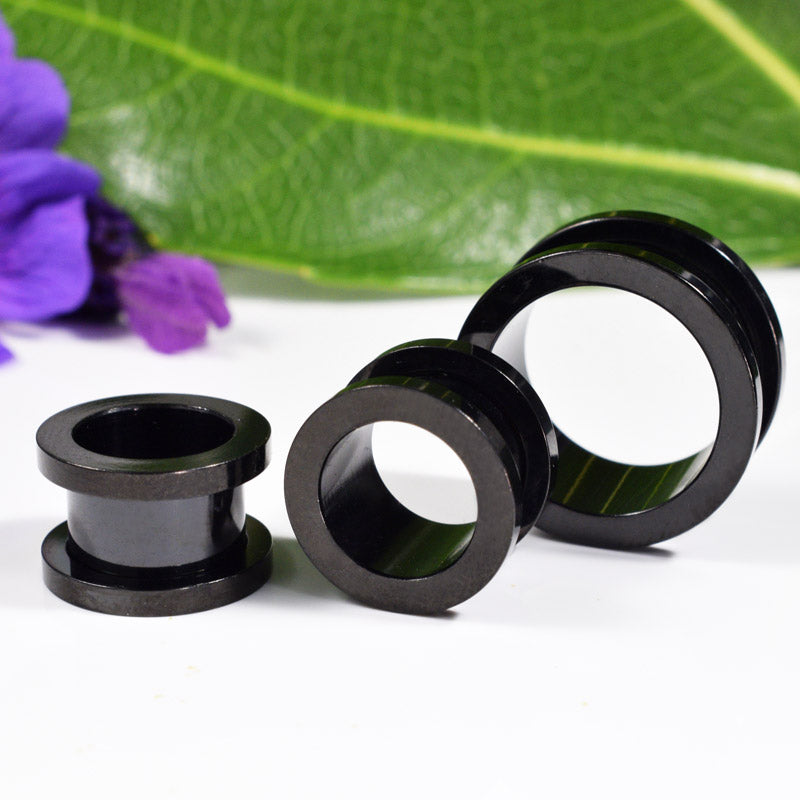 Black Surgical Steel Ear Tunnels, Basic Design Screw Fit – Arka